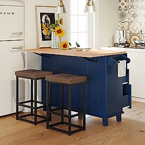 Merax Kitchen Island Set with 2 Stools, Solid Wood Dining Table with Drop Leaf Design, Storage Cabinet, Drawers and Towel Rack, Blue