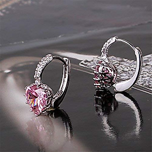 GULICX Heart shape Created Pink sapphire Cubic Zirconia Silver Tone hoops shiny earrings