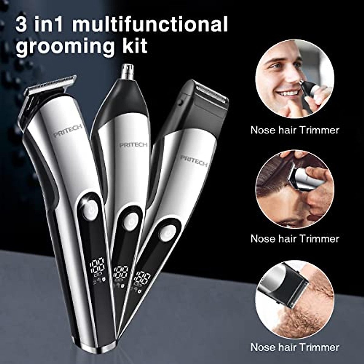 PRITECH Hair Clippers for Men Nose Hair Trimmer Micro Shavers 3 in 1 Mens Grooming Kit Cordless & Rechargeable Electric Hair Trimmer Led Display with T Blade Trimmer Cutting IPX6