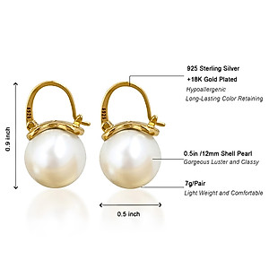 OwMell Elegant 925 Sterling Silver Pearl Drop Earrings Dangle Stud Gold Plated Earrings for Women Large Size 12mm - Gold