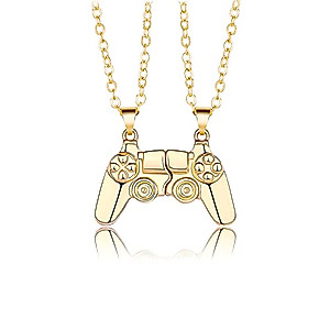 Magnet Game Controller Necklace Couple Matching Pendant Necklace for Men Women Friendship Necklace for Best Friends Magnet Game Console Handle Necklace Sister Necklace Street Hiphop Jewelry (Gold)
