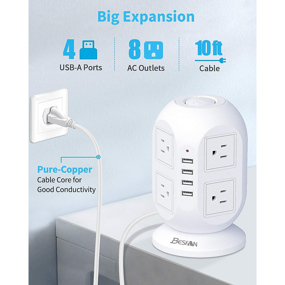 Surge Protection Power Strip Tower, BESFAN 10 FT Extension Cord with 8 AC Outlets and 4 USB Ports, Indoor Extension Cord with Overload Protection