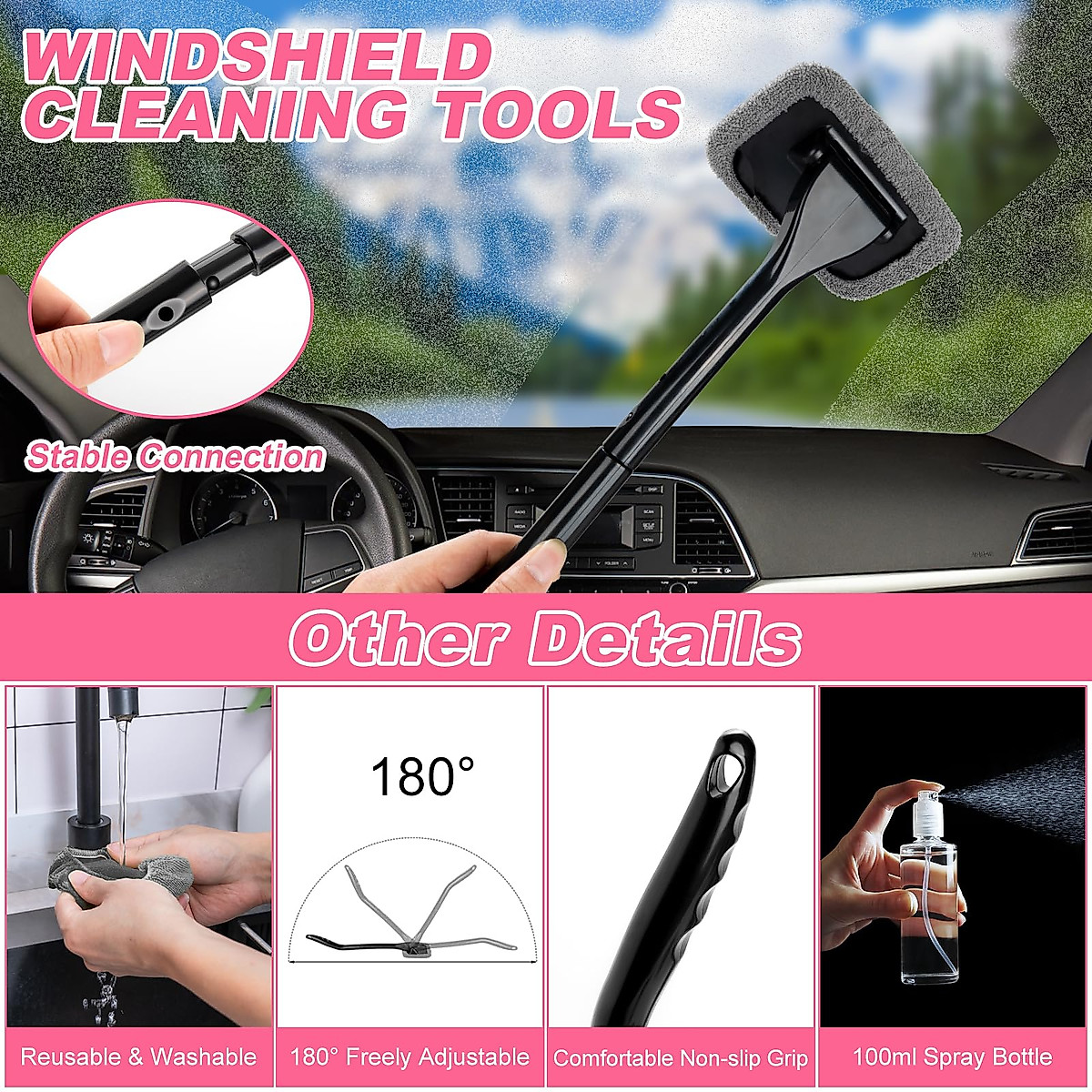 AUTODECO 41Pcs Car Cleaning Wash Kit Interior Detailing Cleaner Kit with High Power Handheld Vacuum, Collapsible Bucket, Windshield Tool, Gel, Snow Shovel, Tire Brush, Complete Car Care Tools, Pink