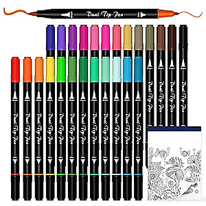 Shuttle Art Dual Tip Brush Pens Art Markers, 25 Colors Fine and Brush Dual Tip Markers Set with 1 Coloring Book for Kids Adult Artist Calligraphy Hand Lettering Journal Doodling Writing