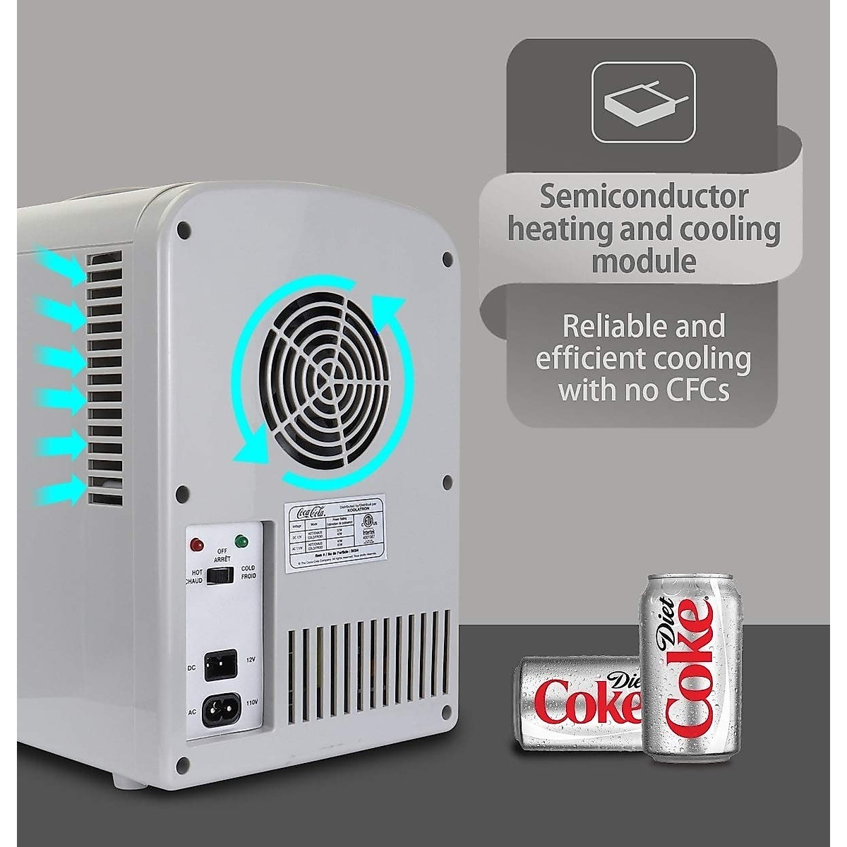Coca-Cola Diet Coke 4L Mini Fridge Cooler/Warmer 12V DC 110V AC 6 Can Portable Personal Travel Refrigerator for Snacks Drinks Cosmetics Desk Home Office Dorm Gray with Iconic Design & Chrome Accents