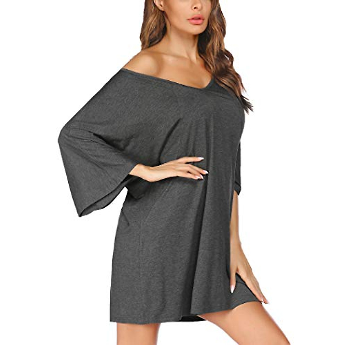 Ekouaer Deep V Neck Sleepshirt Sexy Cotton Nightshirt For Women, Gray, Large