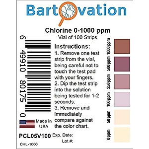 Free Chlorine/Bleach Test Strips, 0-1000 ppm [Vial of 100 Strips]