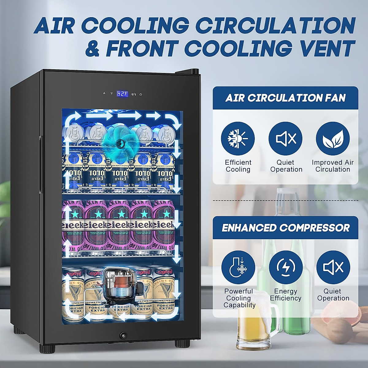 Beverage Refrigerator and Cooler Freestanding, 96 Cans Mini Fridge with glass door and Lock, Small Drink Fridge for Soda, Beer, Wine, For Home Bar Office with LED Light, with Adjustable Thermostat