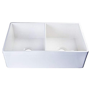 ALFI brand AB539 White 32-Inch Decorative Lip Double Bowl Fireclay Farmhouse Kitchen Sink, White