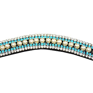 Saddles World Fancy Black Leather Center Light Blue & White Pearl with Clear Crystals Horse Bridle's Browband - Cob Size