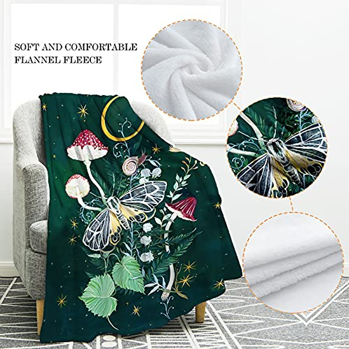 Jekeno Mushroom Blanket Butterfly Art Print Throw Blanket Cozy Smooth Soft for Sofa Chair Bed Office 50"x60"