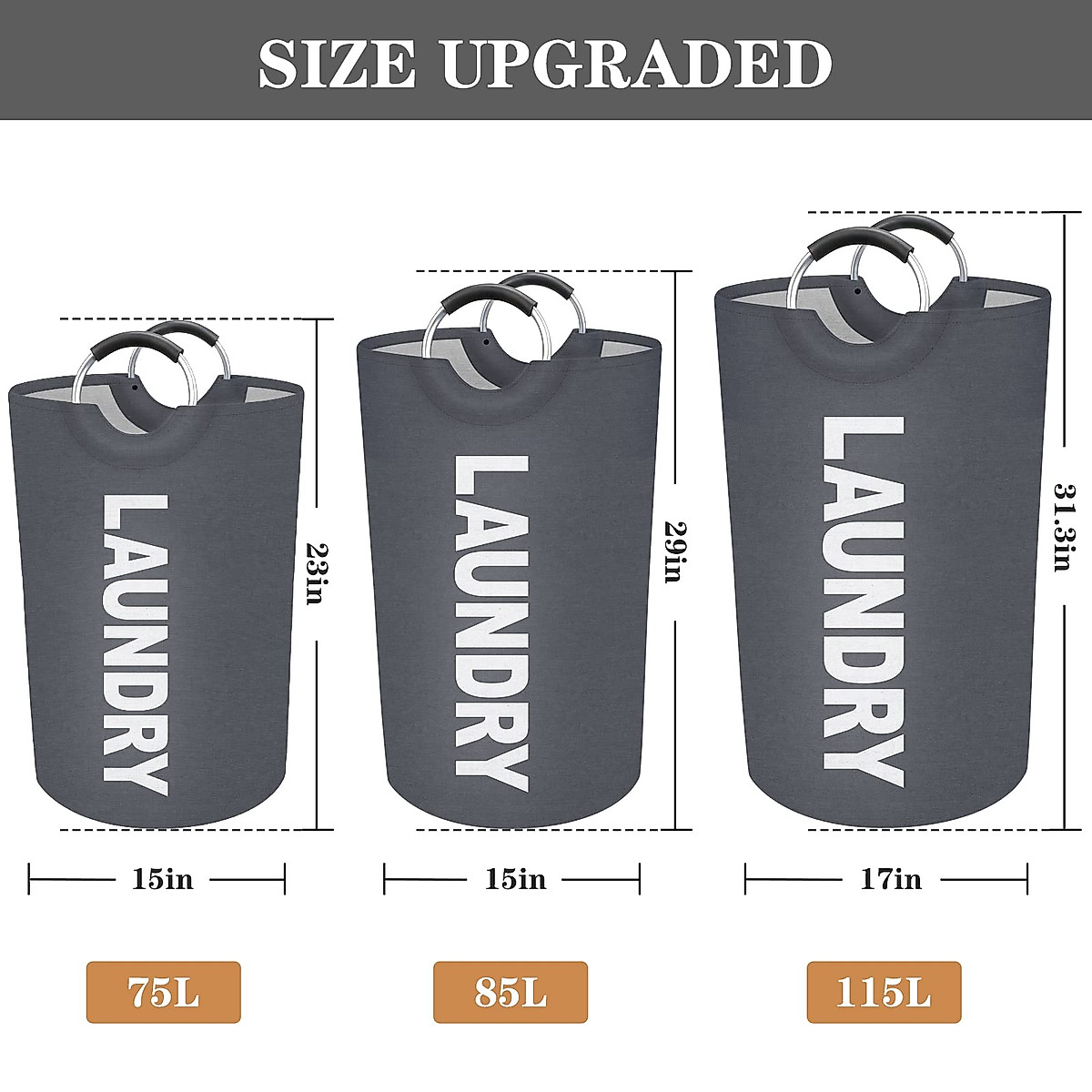 BlissTotes Large Laundry Basket Laundry Hamper Bag Washing Bin Clothes Bag Collapsible Tall With Handles Waterproof Travel Bathroom College Essentials Storage For College Dorm, Family (Grey, L)