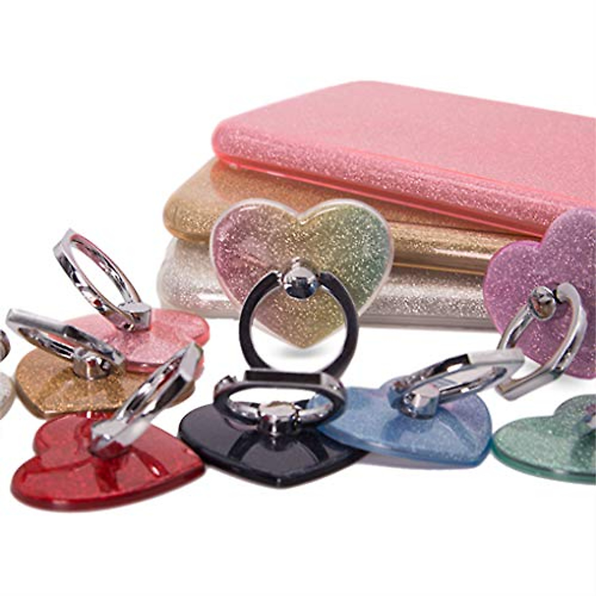 MuZiFei Phone Ring Stand Holder,2-Pack Heart Crystal Diamond Rhinestone Bling Glitter Sparkle Universal 360° Rotation Cell Phone Stent Holder Grip Kickstand for Almost All Phones/Cases (Black)