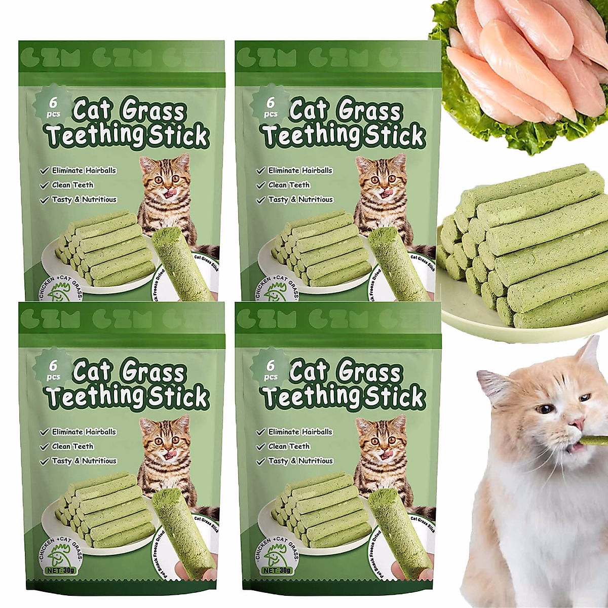 Berdexa Cat Grass Teething Stick, Cuddles Meow Cat Grass Sticks for Indoor Cats, Cat Grass Chew Sticks, Cat Teeth Cleaning Cat Grass Stick, Cat Chew Stick, for Hairball Removal (4Bag/24PCS)