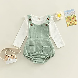 Mubineo Baby Girl Basic Plain Ruffle Long Sleeve T Shirt Corduroy Overalls Cute Clothes Outfits (White Green, 0-6 Months)