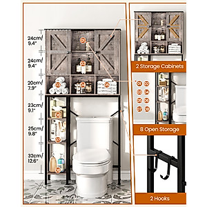 CHOEZON Over The Toilet Storage, Farmhouse Bathroom Storage Cabinet, Over Toilet Shelf with Storage Cabinet, Bathroom Organizer with Hooks, for Bathroom, Restroom, Charcoal Gray and Black TTS01HC