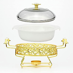 FLTRGO Food Warmer for Parties Buffets, Food Warming Tray Golden Pattern Chafing Dish Buffet Set, Round Stainless Steel Chafer with Lid for Buffet Weddings Parties Banquets Catering Events