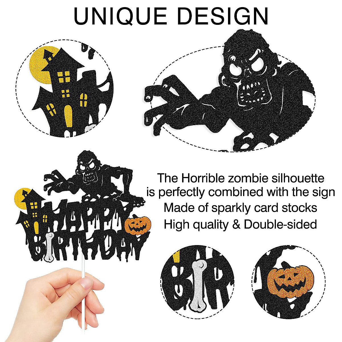 Halloween Birthday Cake Topper for Skull Wizard Witches Ghost Spooky house boo Cat Zombie Pumpkin Tombstone Theme Boys Girls Kids Men Women Happy Birthday Baby Shower Party Decorations Event Supplies