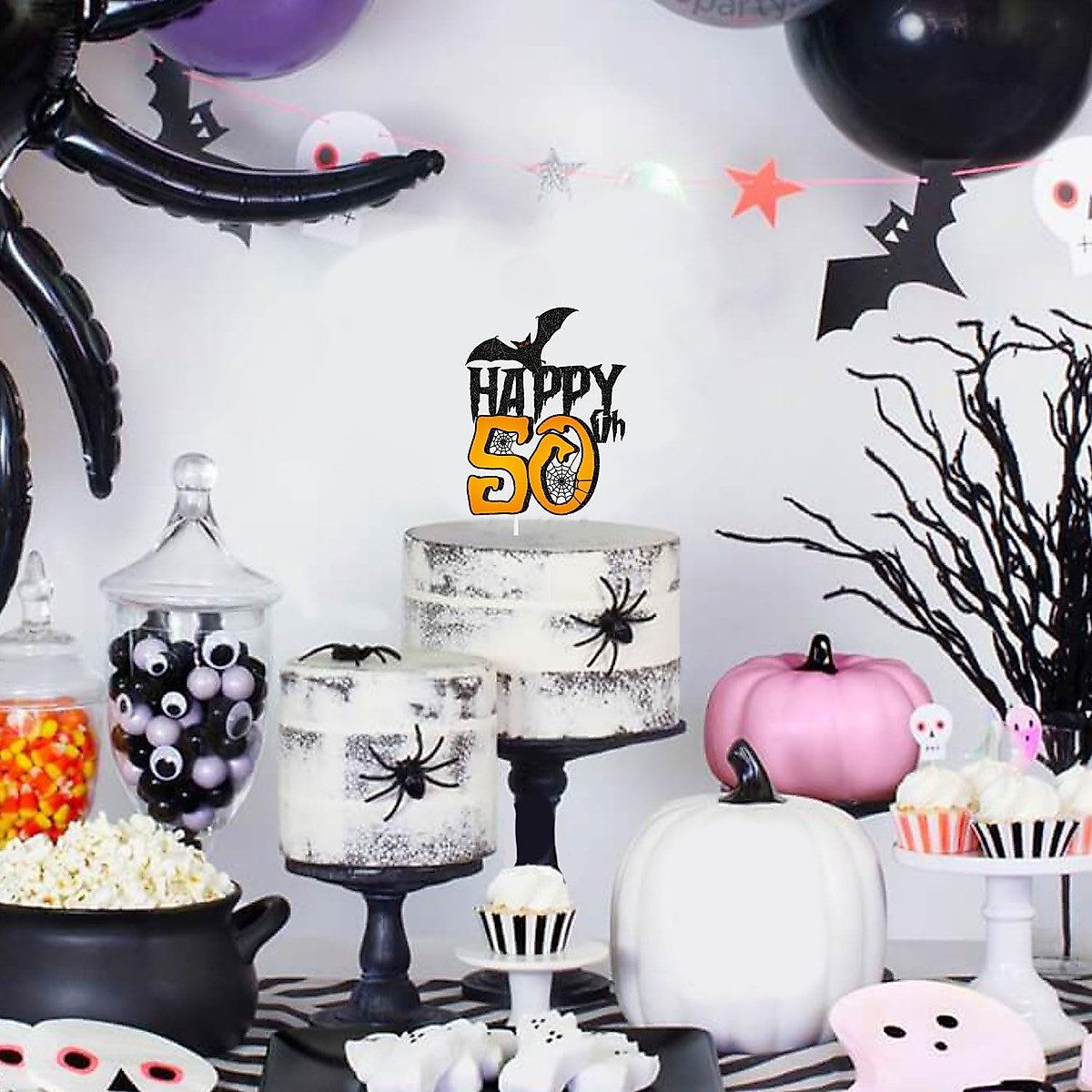 Halloween Theme 50th Happy Birthday Cake Topper - Halloween Theme Birthday Party, Halloween Bat Theme Anniversary Party, Spooky Spider Bat Decoration - LIANGSS