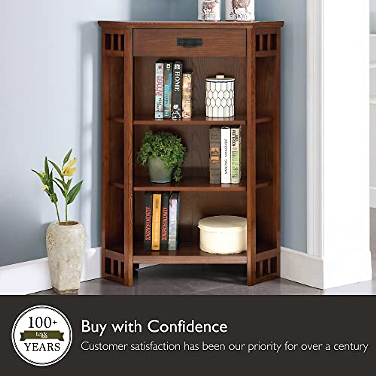 Leick Home 82263 Mantel Height 3 Shelf Corner Bookcase with Drawer Storage, Mission Oak, Brownbronze