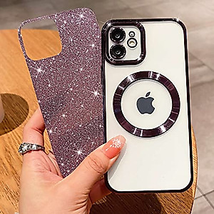 MGQILING Compatible with iPhone 11 Magnetic Glitter Case, Luxury Plating Cute Bling Clear Phone Case, Compatible with MagSafe for Women Girls with Camera Protector Back Cover - Purple