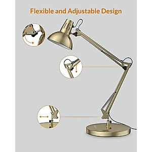LEPOWER Metal Desk Lamp, Adjustable Goose Neck Architect Table Lamp with On/Off Switch, Swing Arm Desk Lamp with Clamp, Eye-Caring Reading Lamp for Bedroom, Study Room &Office (Brass)