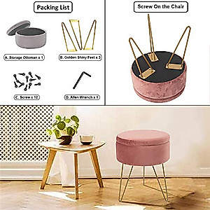 Glzifom Velvet Round Storage Ottomans Dressing Chair Modern Vanity Seat Makeup Stool with Gold Metal Legs for Home Bedroom Coffee Table Living Room (Pink)