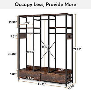 Tribesigns Freestanding Closet Organizer with 2 Drawers, 71’’H X 55’’W Heavy Duty Garment Rack with Shelves and 6 Hooks, Wardrobe Closet Clothes Rack for Hanging Clothes, Clothing Storage for Bedroom