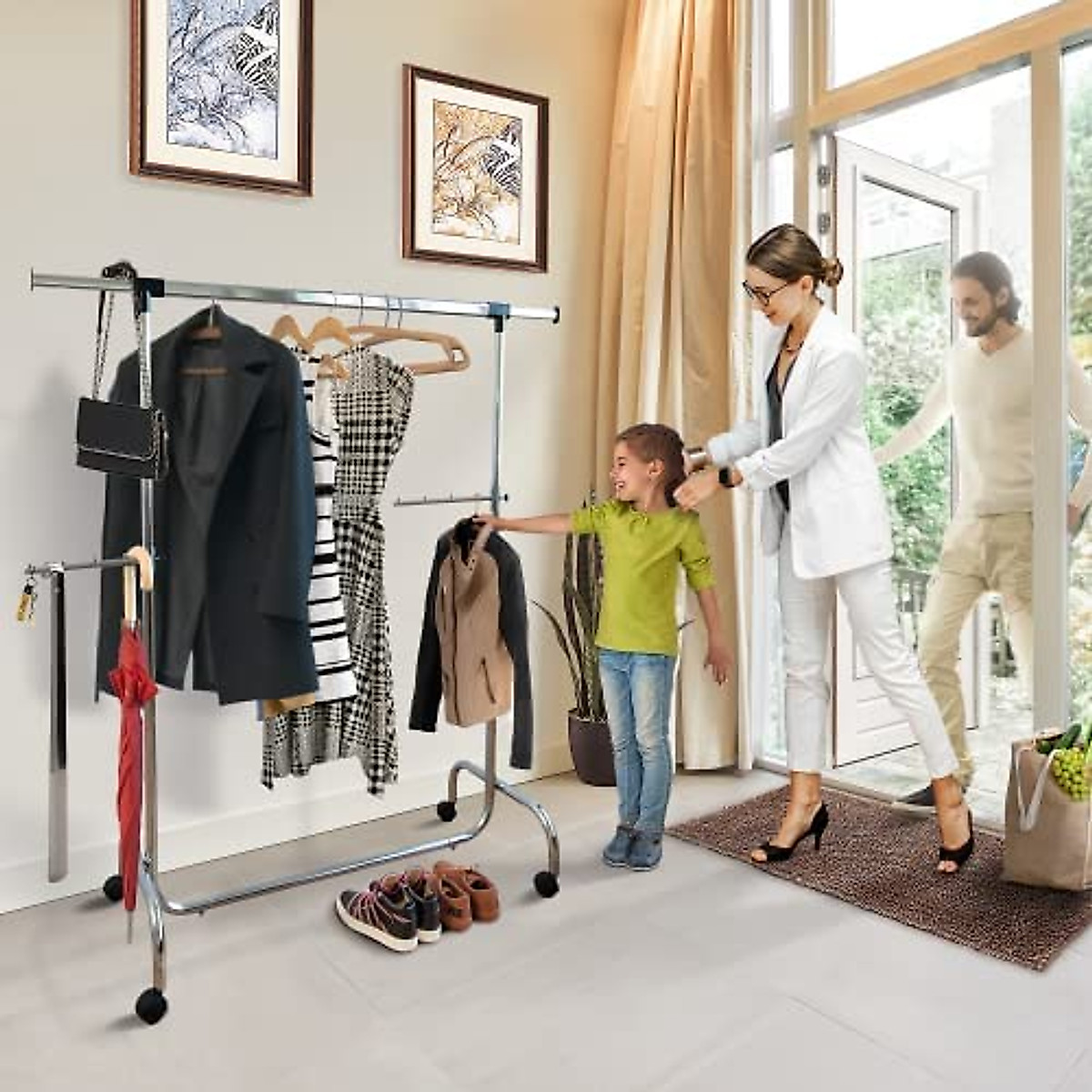 Tatkraft Falcon Garment Rack, Clothes Rack on Wheels, Adjustable Length & Height, Chromed Steel