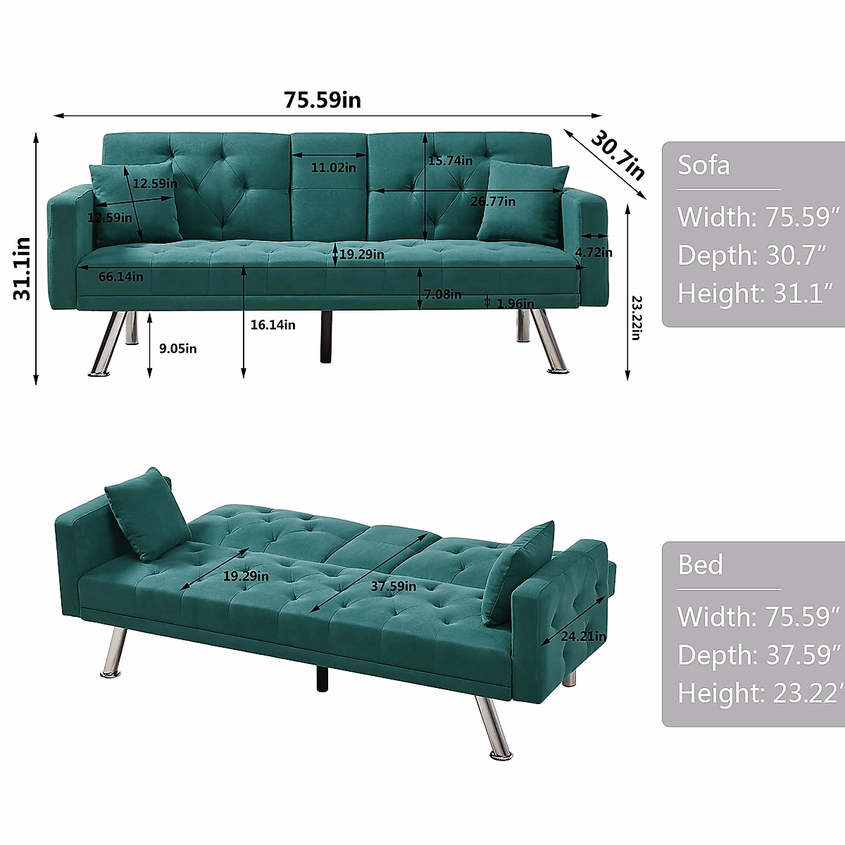 mikibama 76 Inch Futon Sofa Bed with Cup Holders, Linen Convertible Folding Futon Couch with Adjustable Backrest and Throw Pillows for Living Room, Tufted Sleeper Sofa with Metal Legs (Teal)