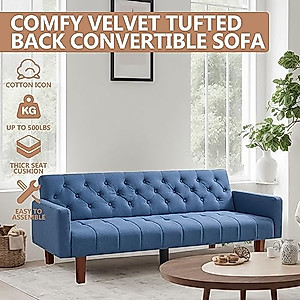 Fangflower Blue Tufted Back Sofa Bed Mid-Century Convertible Sleeper Futon with Tapered Wood Legs for Living Room Apartment Lounge