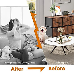 Sweetcrispy Rustic Brown Kids, 5 Dresser Chest Bedroom, Metal Frame and Wood Top for TV Stand up to 45 inch with Fabric Storage Drawer Units for Living Room