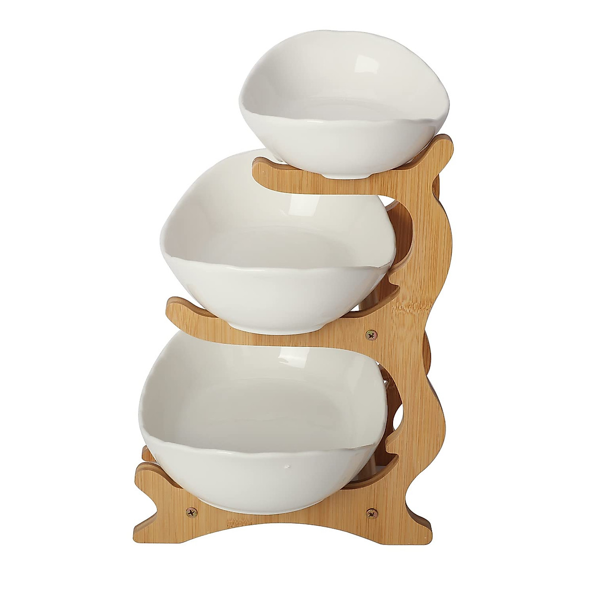 AIWFL 3 Tier Fruit Basket White Fruit Bowl with Bamboo Holder Fruit Ceramic Serving Tray Dessert Serving Stand for Candy Fruits Snacks Nuts Storage Holder