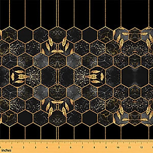 Marble Upholstery Fabric, Black Grey Geometric Gold Plaid Fabric by The Yard, Modern Luxury Diamond Decorative Fabric with Metallic Stripe Printed Beehive Hexagon Grid Fabric, 2 Yards