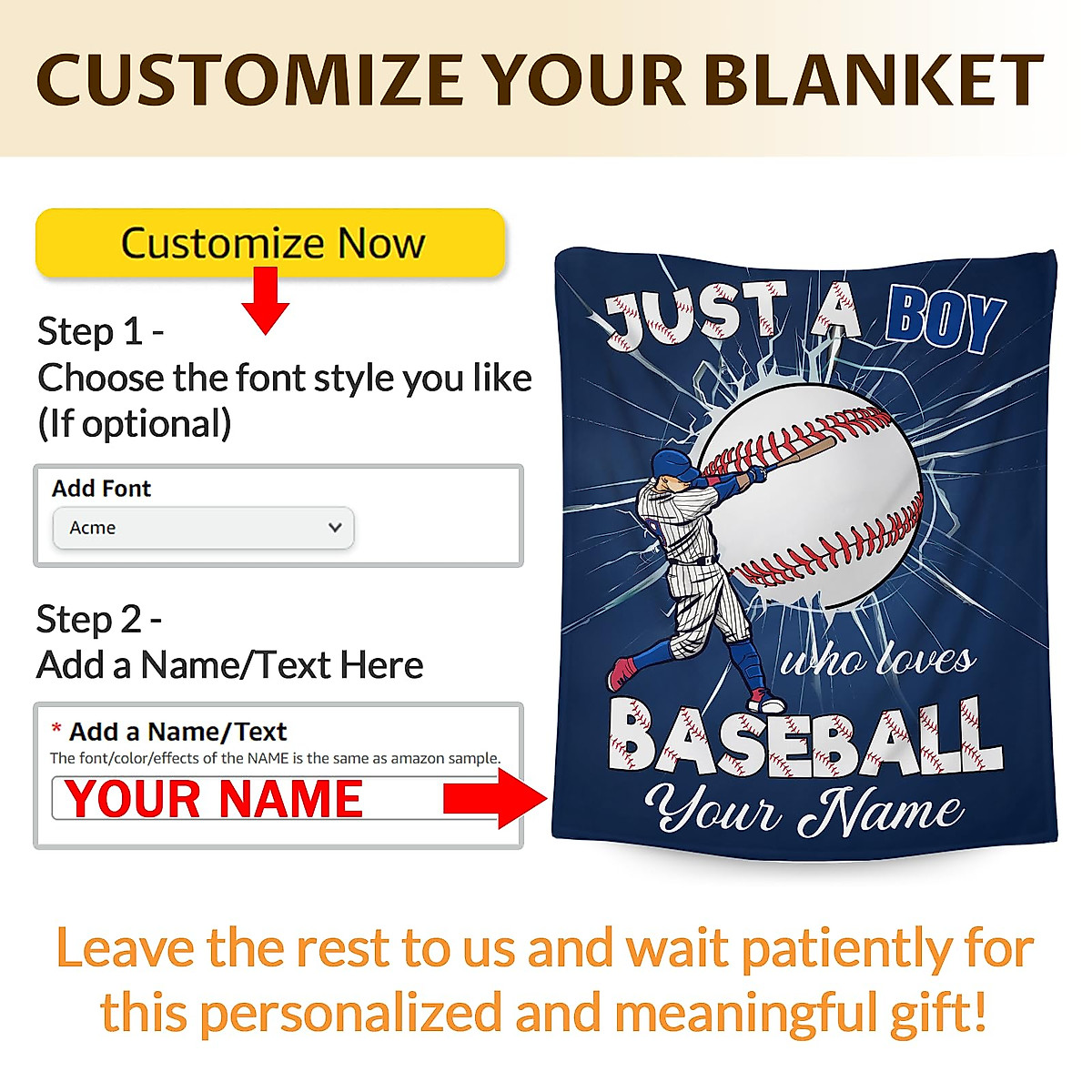 Customized Baseball Blanket, Personalized Blanket for Boys Age 4-6, Soft & Cozy Throw with Name for Kids Teens, 40 * 50 Inch Fuzzy Throws for Sofa Couch, Birthday for Baseball Lover