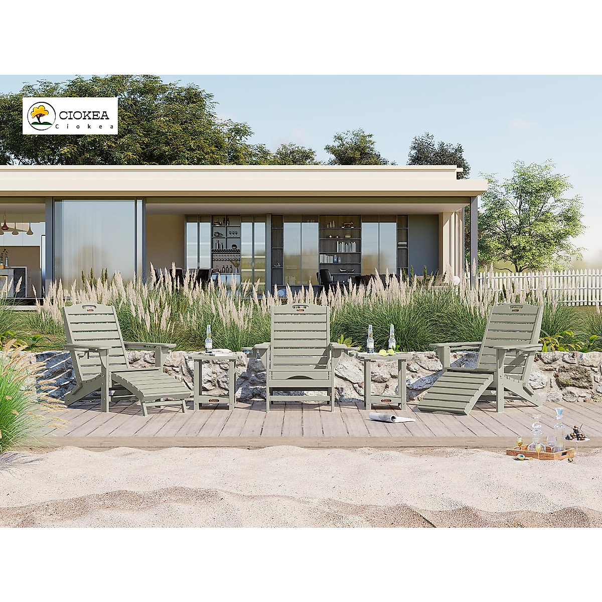 Ciokea Folding Adirondack Chair with Retractable Ottoman Fire Pit Patio Chair with Pull Out Foot Rest Weather Resistant Lawn Outdoor Lounge Chair with 2 Cup Holder (Grey)