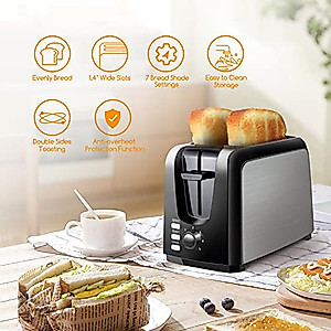 Toaster 2 Slice Wide Slots Best Rated Prime Toasters, Compact Stainless Steel Bread Toaster with Reheat/Defrost/Cancel Functions, 7-Shade Control & Removable Crumb Tray, Black, UL Certificated