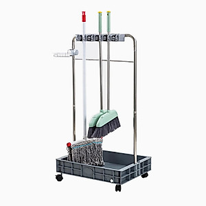 OMESDA Mop Rack with Wheels, Movable Broom Holder, Hand Trucks Broom, Floor Standing Cleaning Tool Cart Storage for Garden Garage