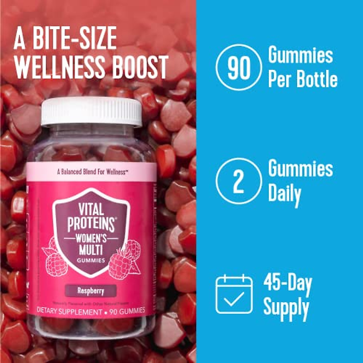 Vital Proteins Women's Multivitamin Gummy, B Vitamins, Antioxidants, and Essential Minerals, To Boost Energy, Support Metabolism, Immune Health, 45-Day Supply - 90ct, Raspberry Flavor