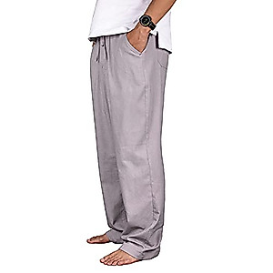 Men's Drawstring Loose Linen Beach Pants Lightweight Elastic Waist Yoga Lounge Cotton Trousers Pajamas (Grey, Large)