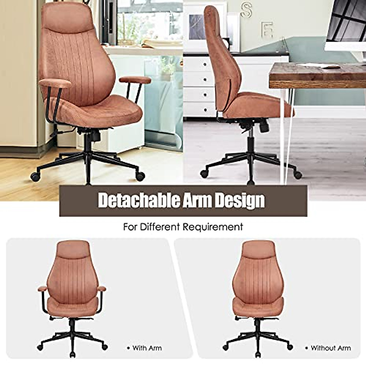 Giantex Ergonomic Office Chair, Suede Leather Office Chair, High Back Computer Desk Chair with Removable Padded Armrest for Executive Home Office, Executive Chair (Dark Brown)