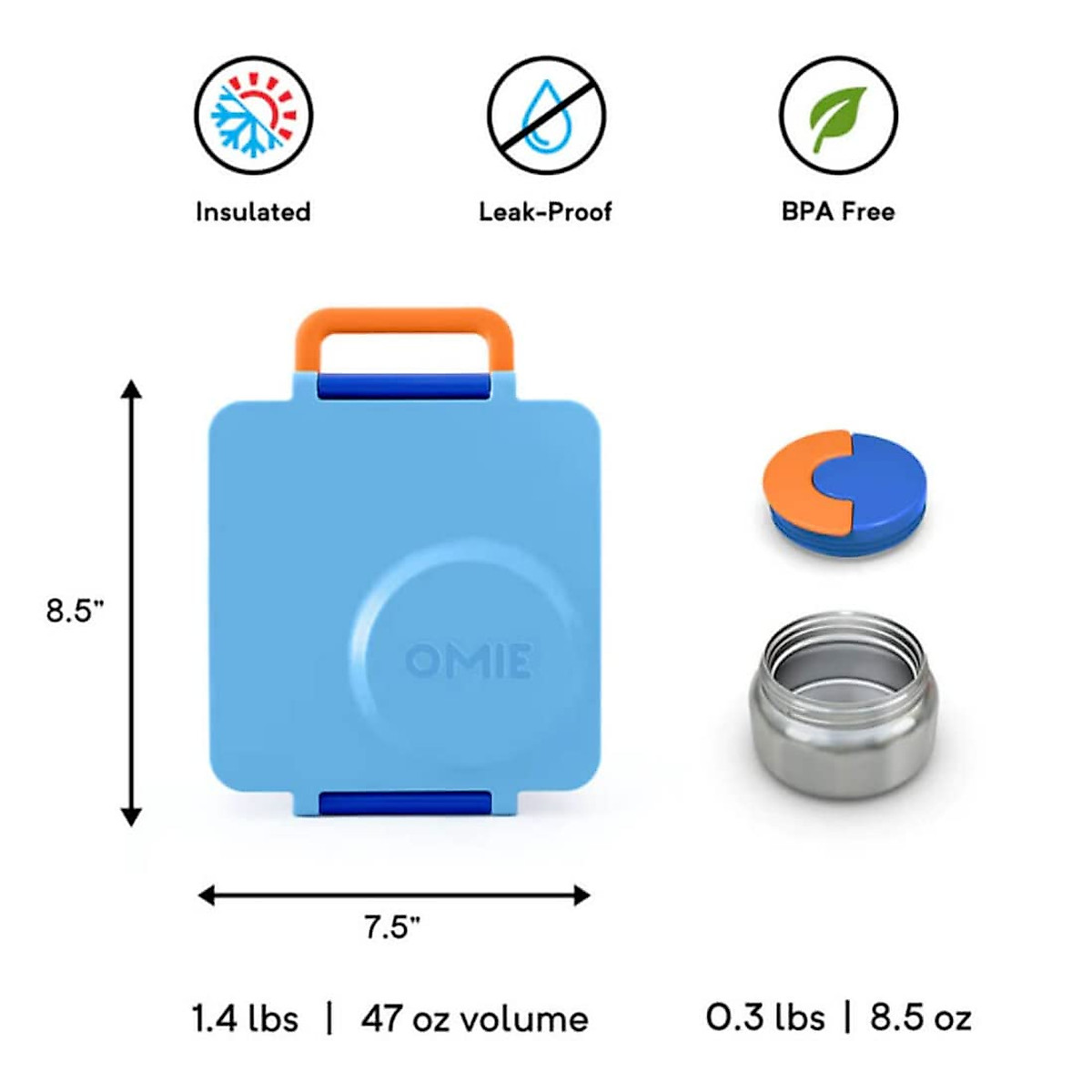 OmieBox Bento Box for Kids - Insulated Lunch Box with Leak Proof Thermos Food Jar - 3 Compartments, Two Temperature Zones (Sky Blue) (Single) (Packaging May Vary)