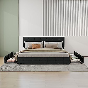 NNV Upholstered King Size Platform Bed Frame with 4 Storage Drawers, Button Tufted Mattress Foundation with Wooden Slats Support, No Box Spring Needed,Black
