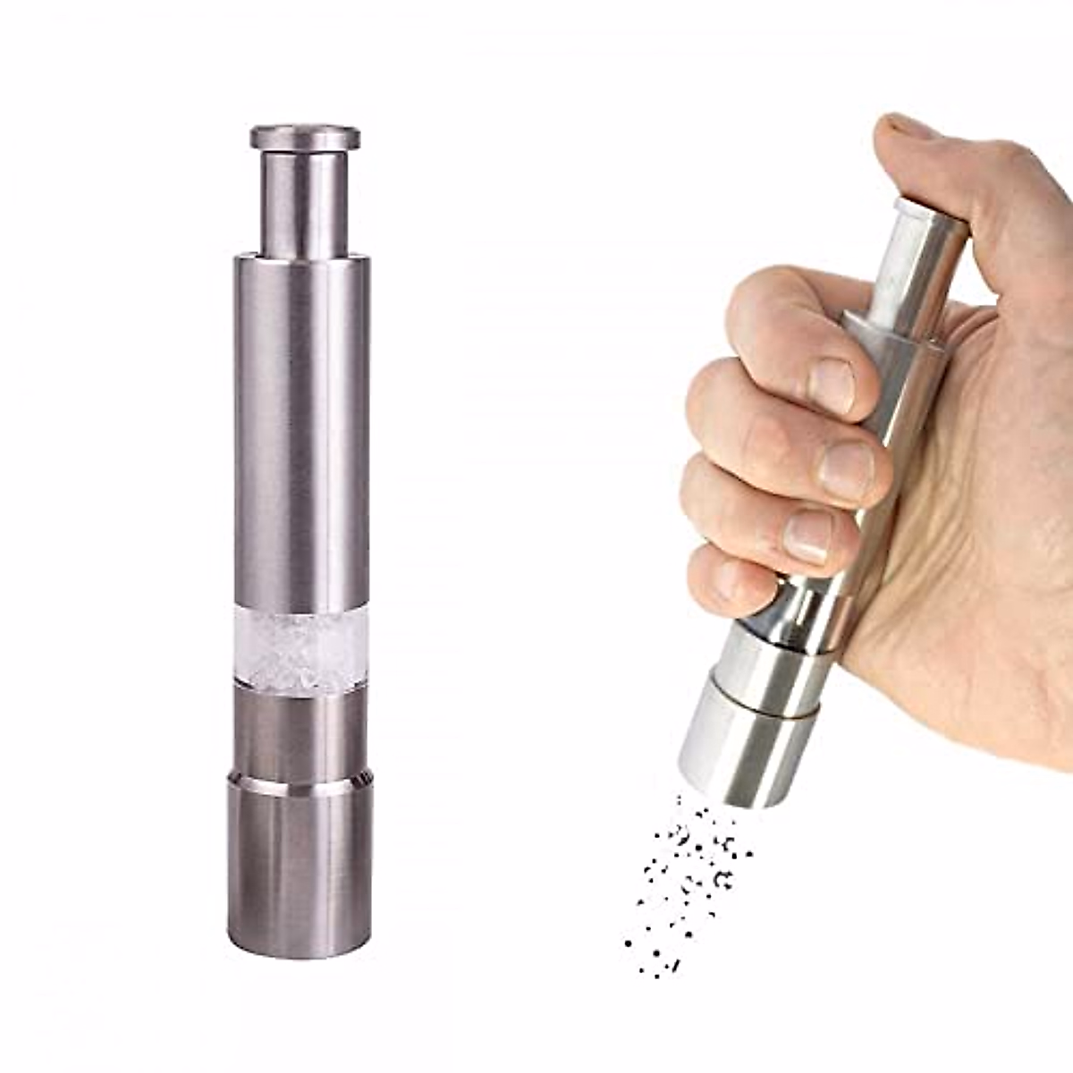 jessie Salt and Pepper Grinder, Thumb Press Grinder, Stainless Steel Salt Pepper Mill for Home Kitchen (Silver spring built-in single)