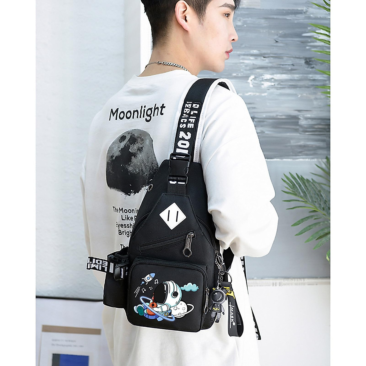 XinShuoBay Crossbody Sling Backpack For Men Anime Fashion One-Shoulder Bag Cartoon Luminous Pattern Backpack (Black Guitar)
