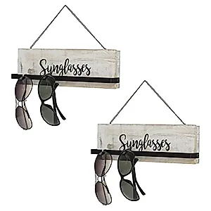MyGift Wall Mounted Whitewashed Wood Sunglasses Organizer, Hanging Eyewear Eyeglasses Sunglass Holder Rack with Cursive Sunglasses Lettering for Home Collection and Retail Display, Set of 2