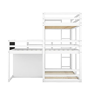 WOXYX L-Shaped Wood Triple Twin Size Bunk Bed with Storage Cabinet and Blackboard, Ladder,White