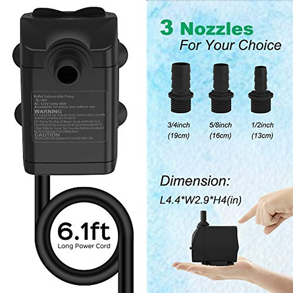 Knifel Submersible Pump 660GPH Ultra Quiet with Dry Burning Protection 8.2ft High Lift for Fountains, Hydroponics, Ponds, Aquariums & More…………