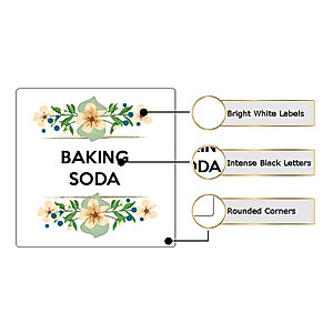 144 Pantry Labels for Food Storage Containers, Waterproof Printed on White Glossy Labels, Household Stickers + Numbers, Floral Kitchen, Water Resistant, Organization for Jars and Canister