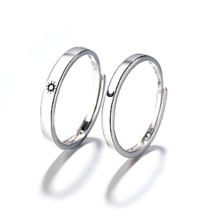 2 Pcs Sun Moon Couple Rings for Women Men Adjustable Couple Matching Promise Engagement Wedding Ring Set Simple Love Friendship Band Rings Gift Jewelry (Silver1：2 Pcs)